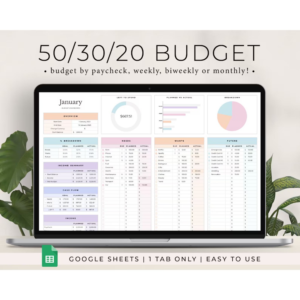 Digital Planner, 50/30/20 Budget Spreadsheet for Google Sheets, Monthly ...