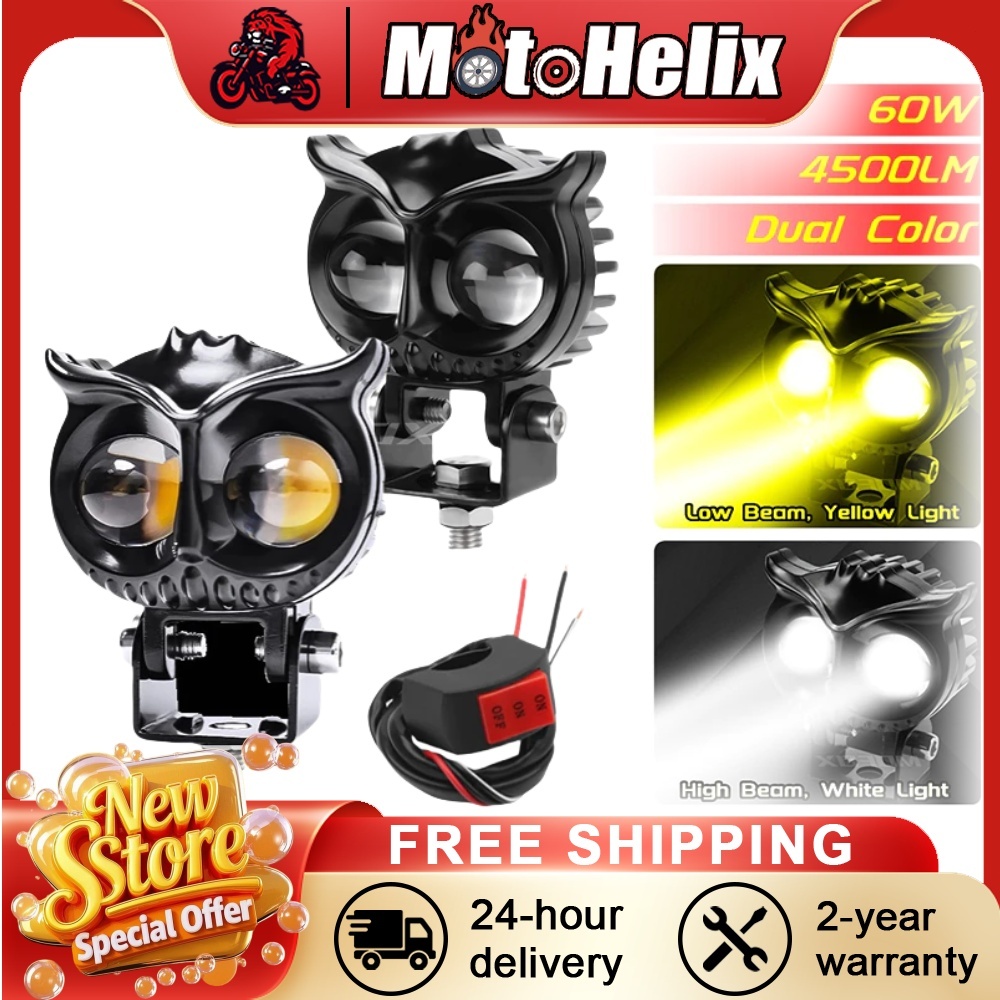Motohelix Owl Mdl Mini Driving Light Motorcycle Dual Color High Low Beam White Yellow 12000LM ...