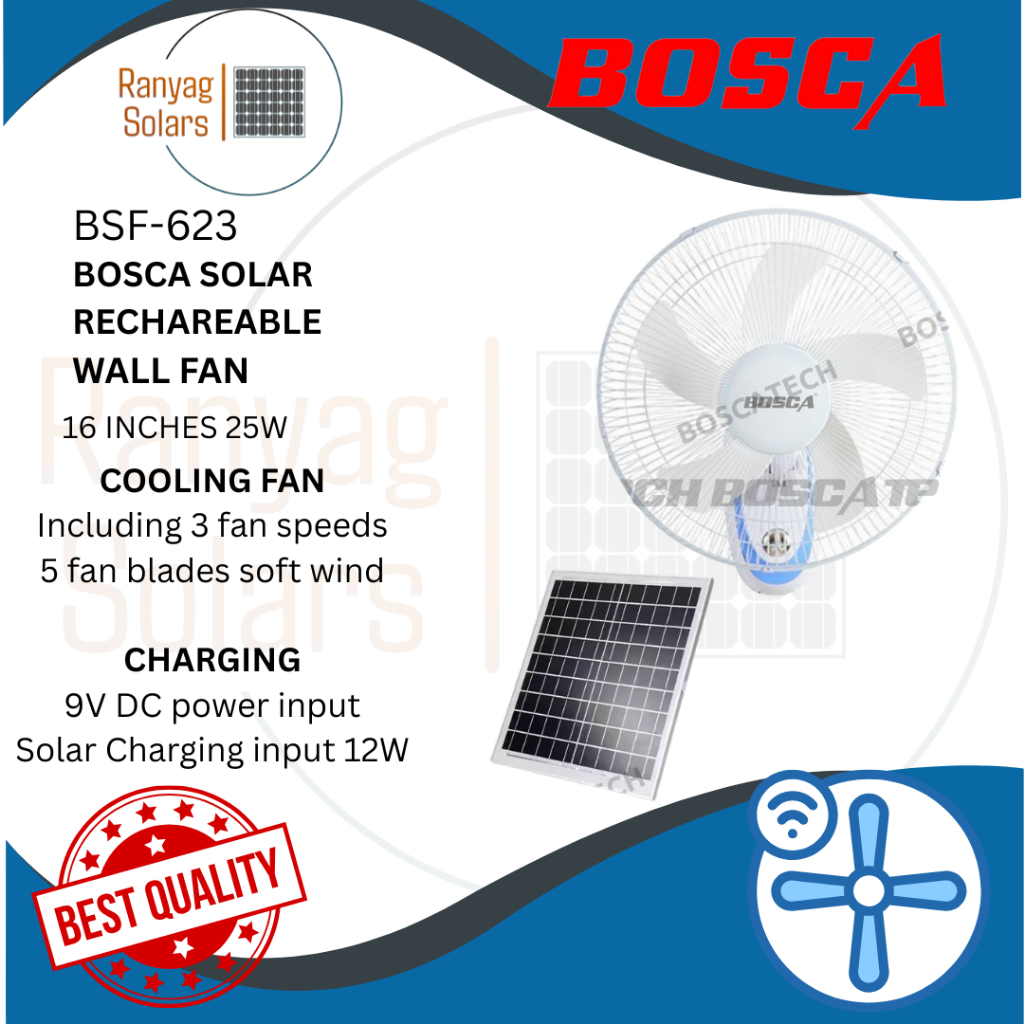 BOSCA BSF-623 16 inches Wall-Mounted Solar Fan 25W Rechargeable Solar ...
