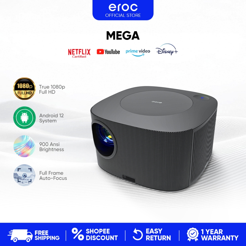 Eroc Mega projector Auto Focus 900 ANSI Bluetooth Speaker and Dolby ...