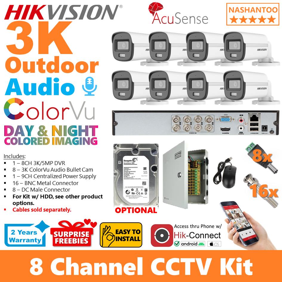 HIKVISION 8CH 5MP/3K 8Cameras Audio ColorVu AcuSense DIY CCTV Package ...