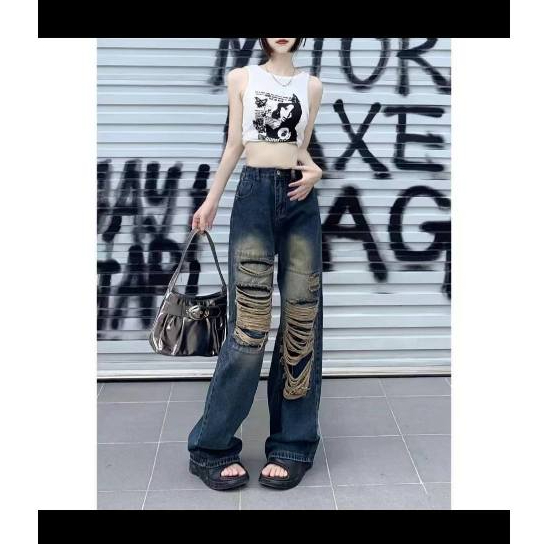 Tattered pants boyfriend Jeans Fashion Unisex High Waist Vintage Blue ...