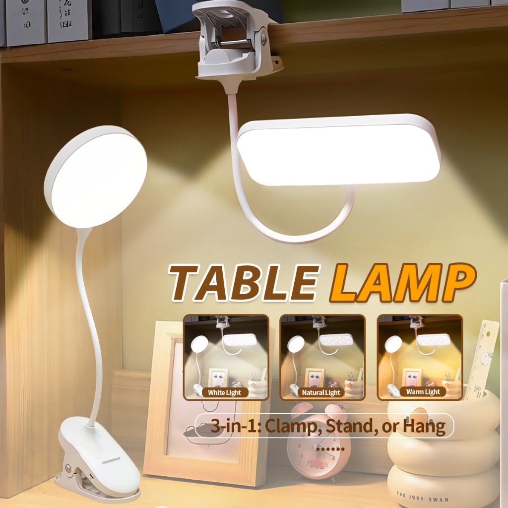 LED 3 Color Desk Lamp Rechargeable Study Light Dim Clip Table Light ...