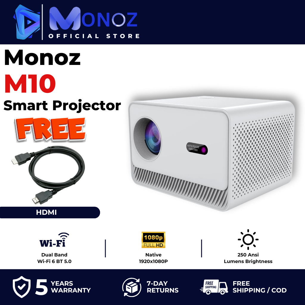 Monoz M10 1080P Smart Projector | WiFi 6 | Portable Android Projector ...