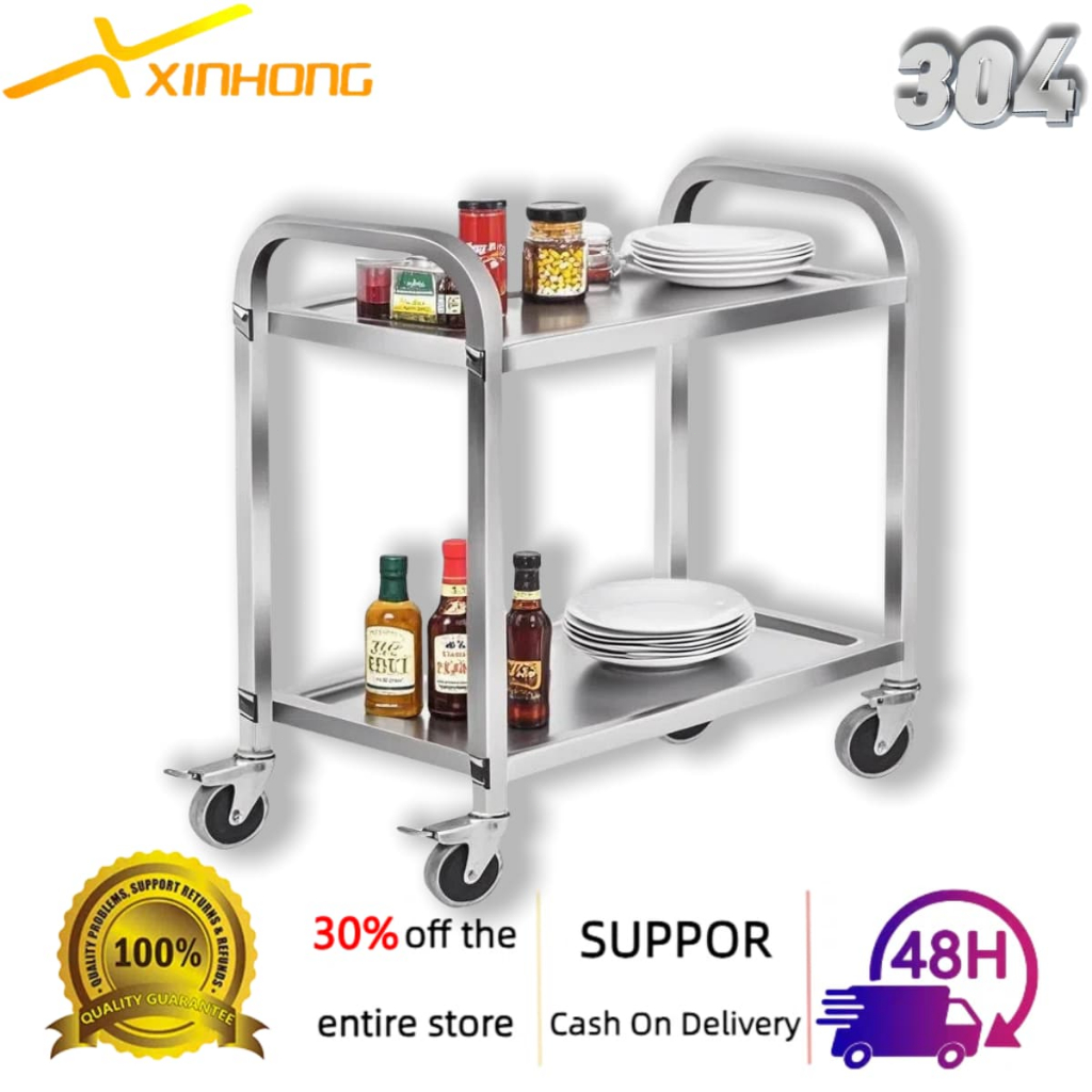 Large size square tube 2-layer stainless steel dining trolley, suitable ...