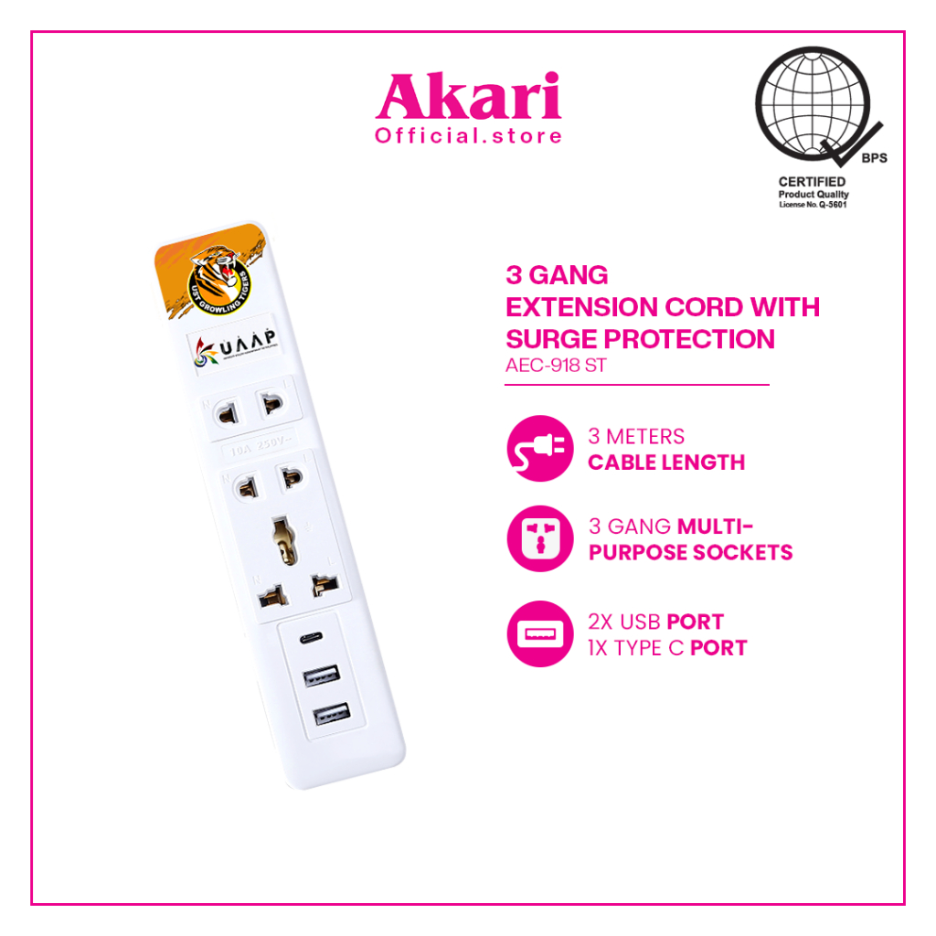AKARI X UAAP [ UST ] 3-Gang 3M Extension Cord with 2USB/1TYPE C Port + Surge Protection | Shopee ...