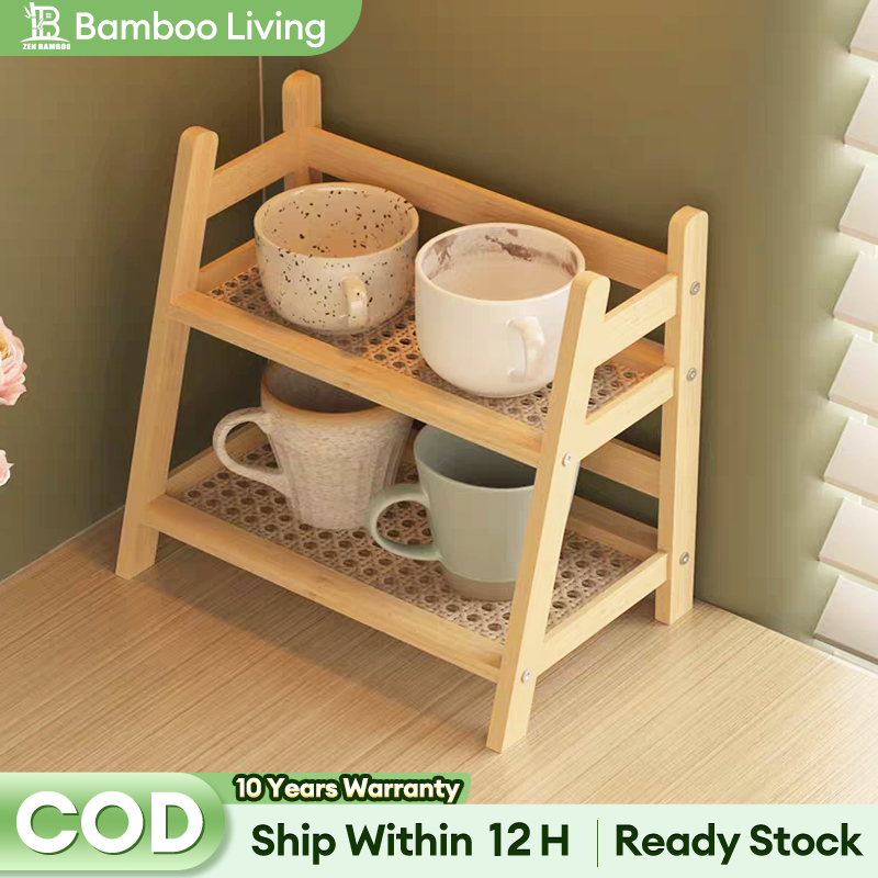 Storage Rack organizer Wooden Double-Layer Table Shelf Rattan Bedroom ...