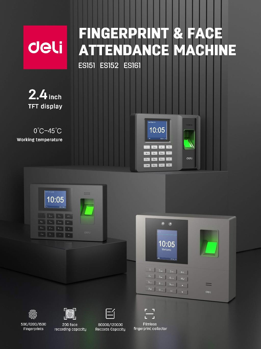 Deli Biometrics Fingerprint Scanner 2.4'TFT Screen Attendance Machine ...