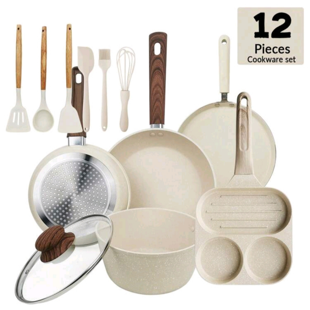 12pcs Nonstick Cookware Set - Frying Pan, Saucepan, Breakfast Pan ...
