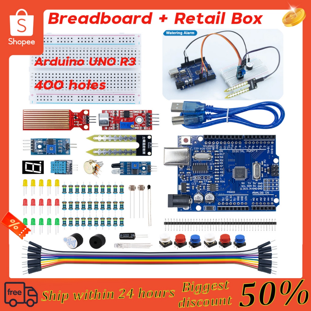 Basic Starter Kit for Arduino Uno Set R3 DIY Kit - R3 Board / Breadboard + Retail Box | Shopee ...