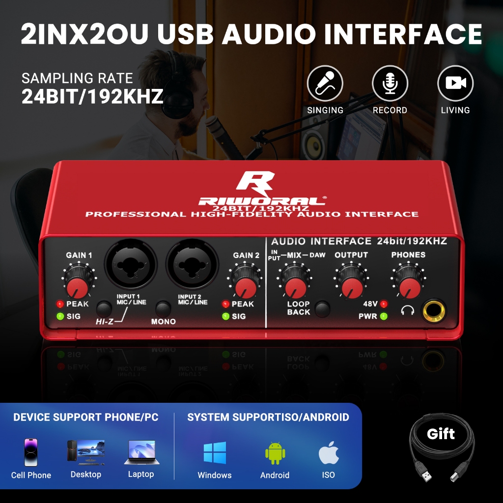 2 Channel Sound Card 24-bit/192kHz High-Resolution +48V Phantom Power ...