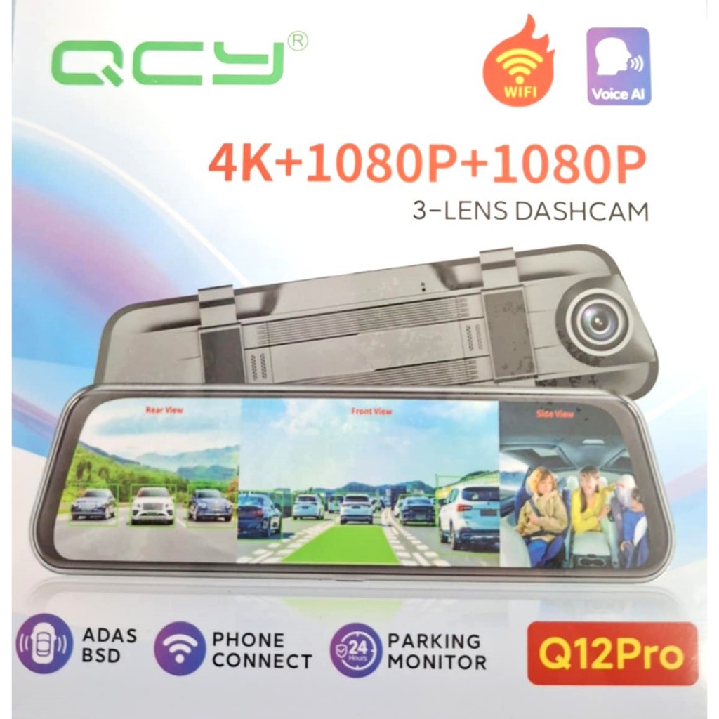 QCY Q12 PRO 9.66" 2K+1080P+1080P 3-Way Recording WiFI Car DVR Rearview ...