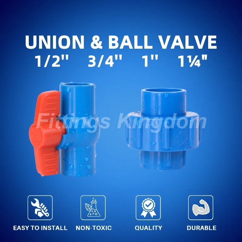 FITTINGS KINGDOM PVC Blue Pipe Fittings PVC Union PVC Ball Valve 1/2 3/ ...