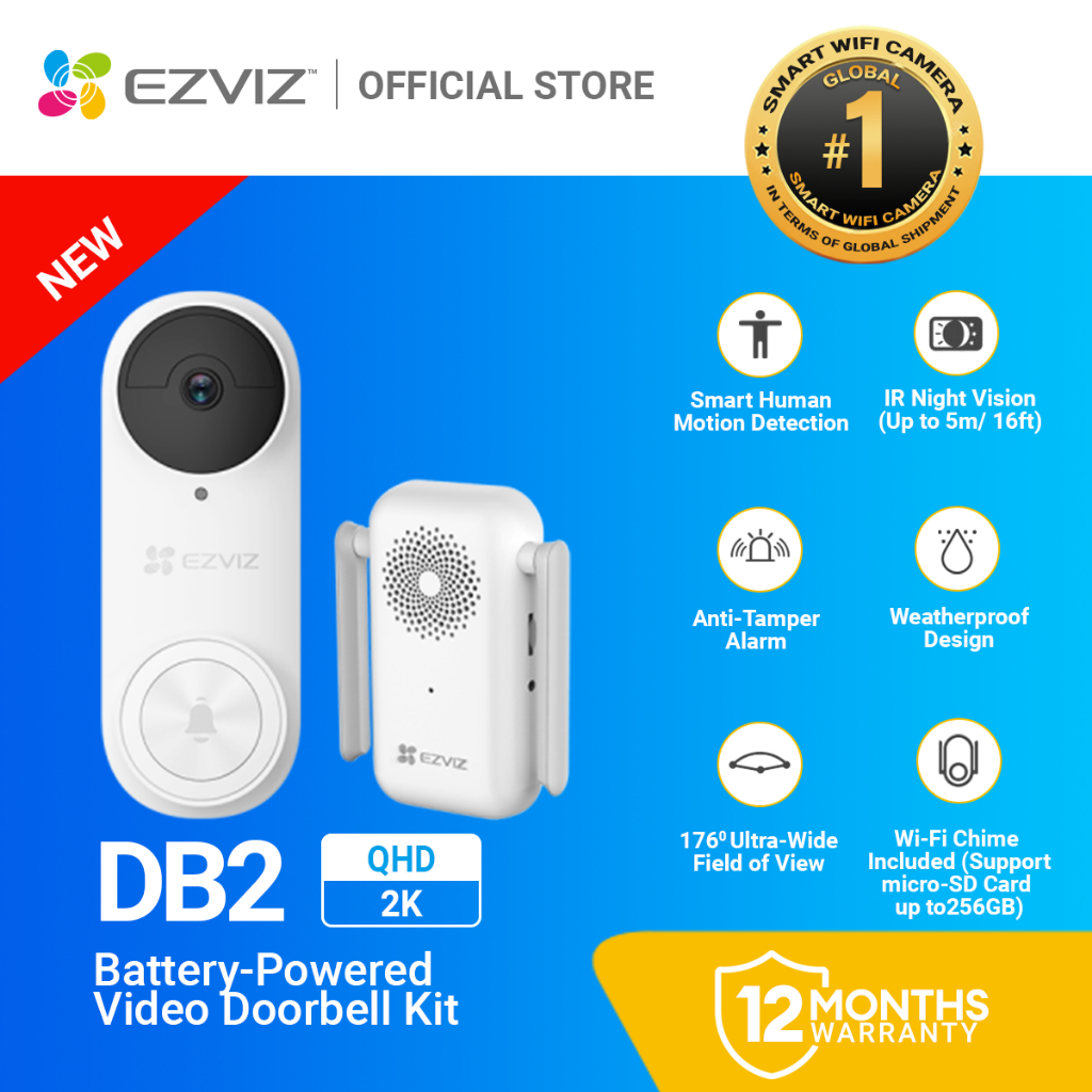 EZVIZ DB2 3MP 2K Smart Battery Video Doorbell with AI Human Detection ...