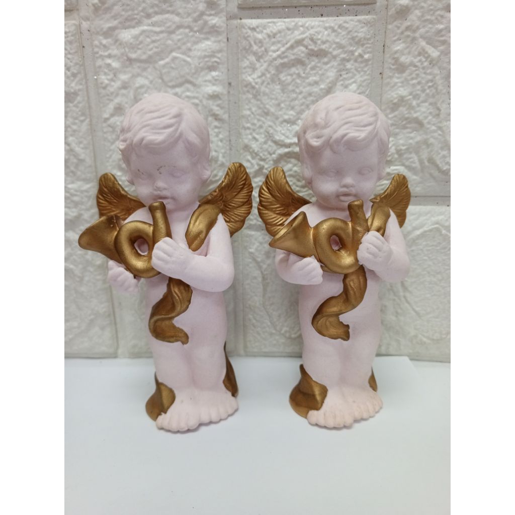6 inch SET OF 2 Bisque PINK ANGEL PLAYING instrument FIGURINE | Shopee ...