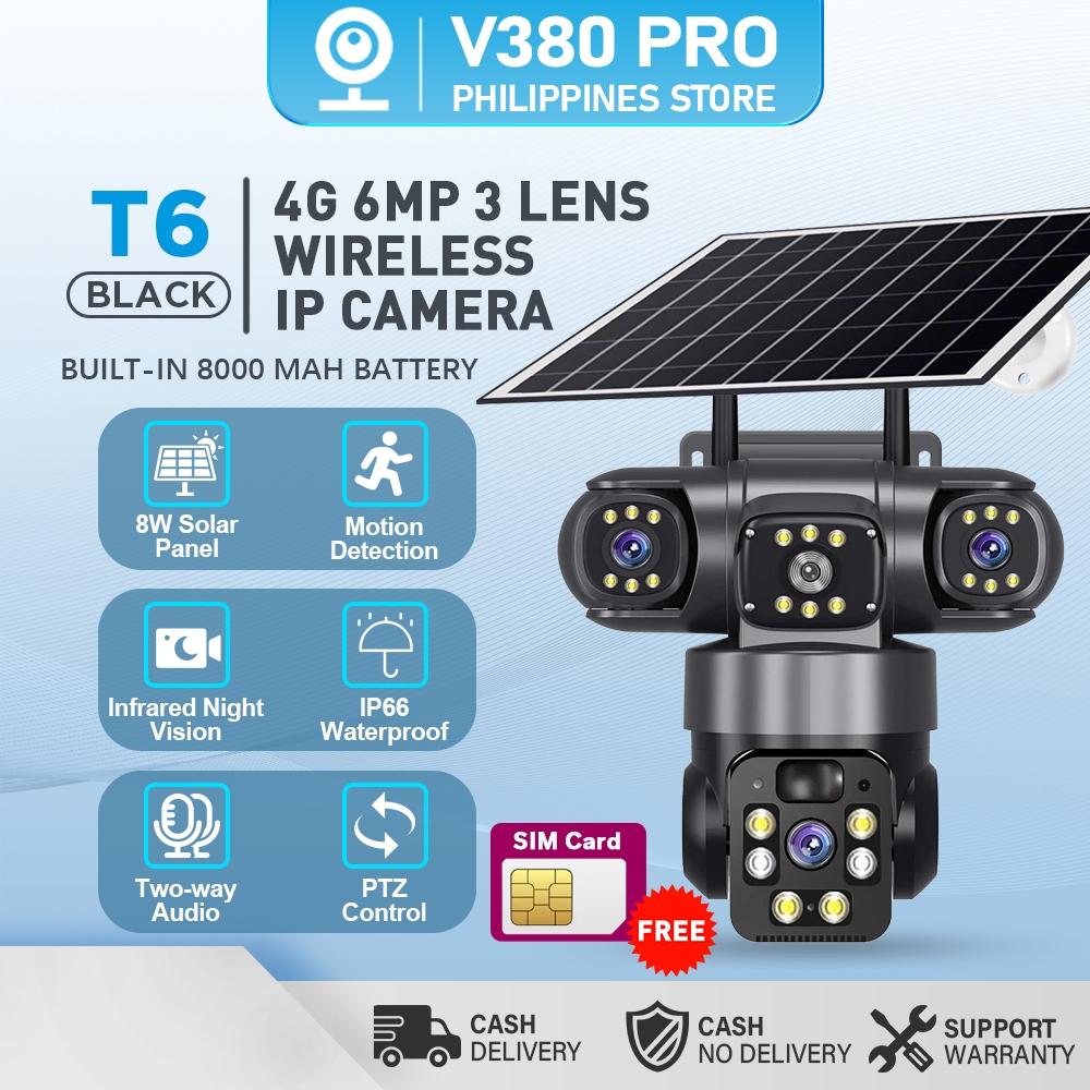 V380 PRO T6 Three Lens CCTV Camera 6MP Wireless Night Vision Solar ...