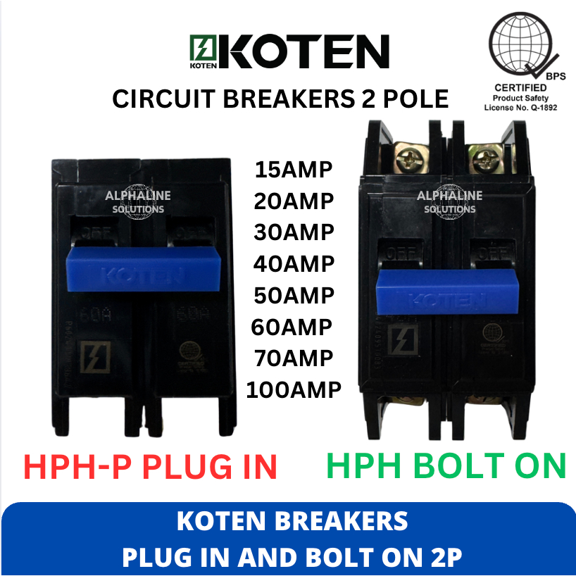 Koten PLUG IN and BOLT ON Breakers MCCB HPH HPH-P 2 pole 15, 20, 30, 40 ...
