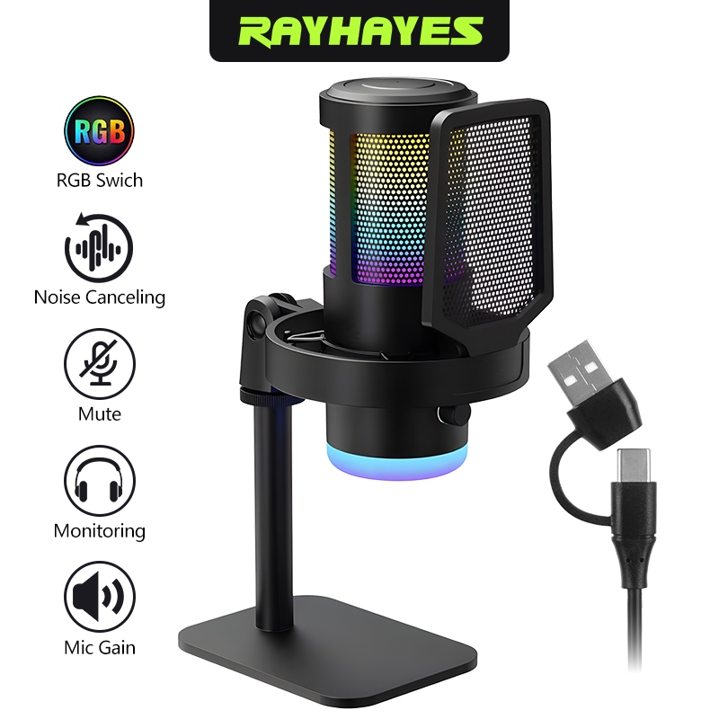 RAYHAYES JI-M6 USB Microphone RGB Gaming Mic with One Click Mute Button ...