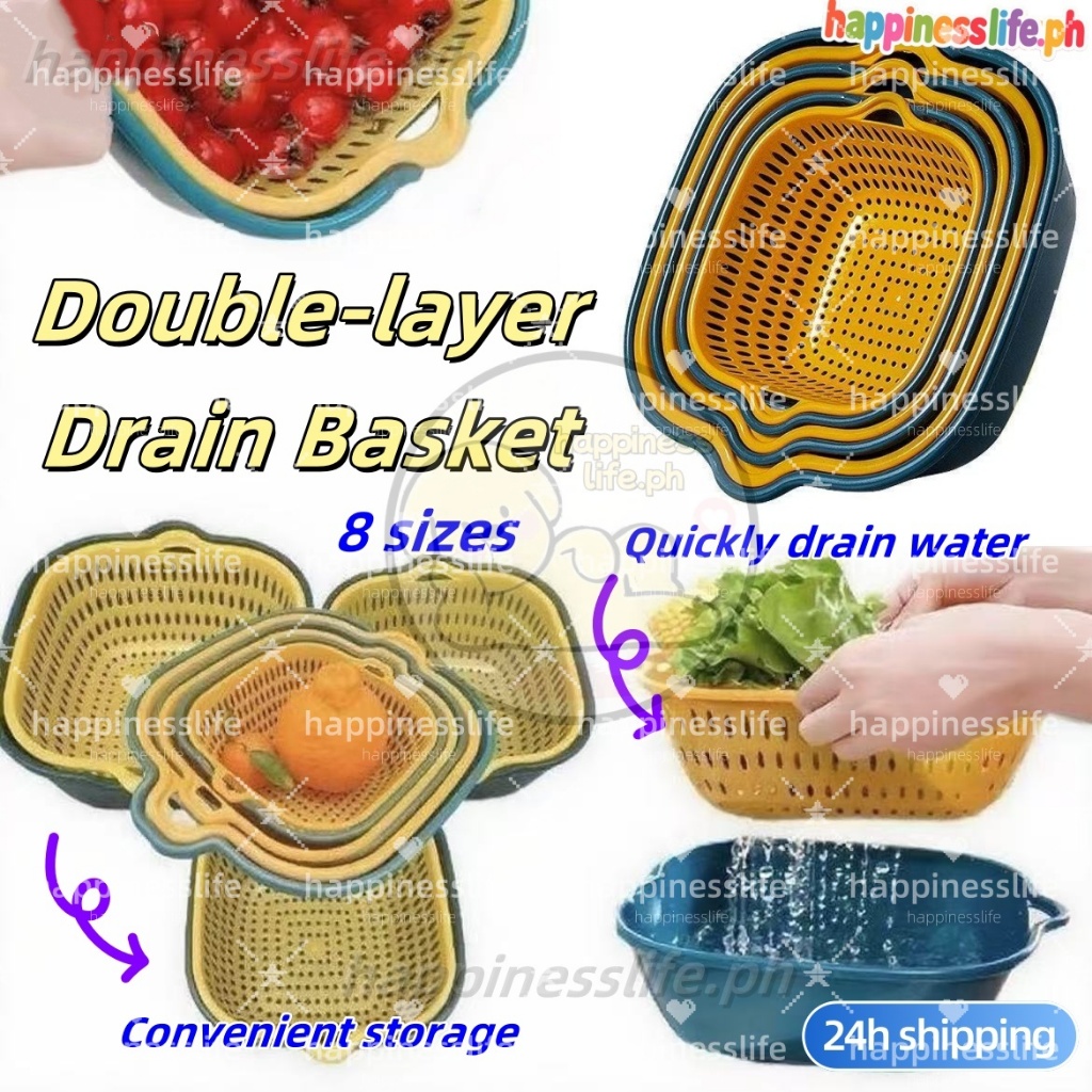 COD Double-layer Drain Basket Plastic Vegetable Washing Basket Wash Basin Household Kitchen ...