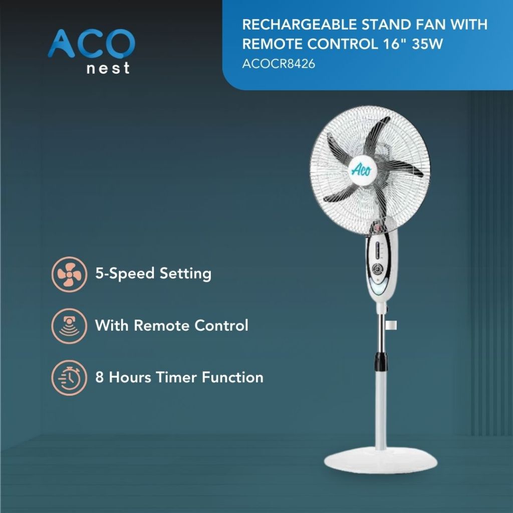 ACO 16" Rechargeable 5-Speed Settings Stand Fan with Timer and Remote ...