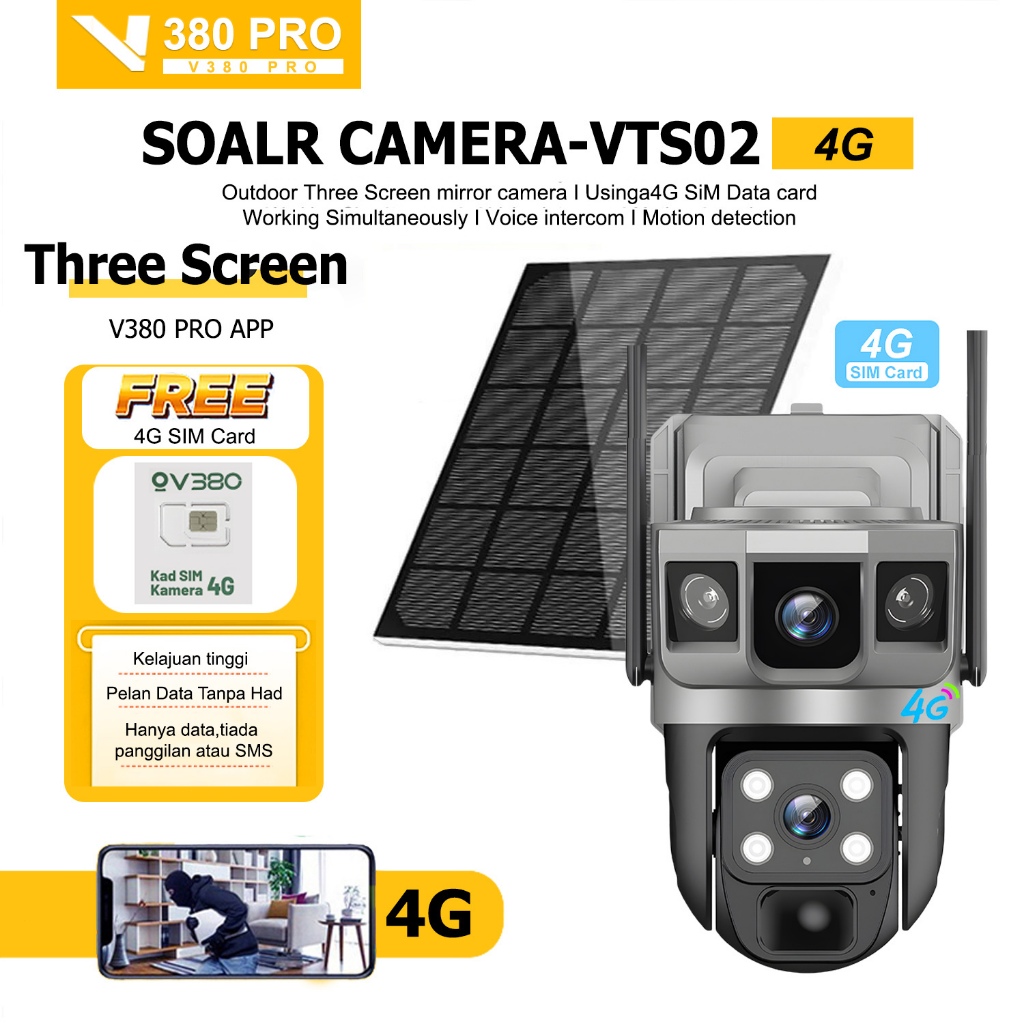 V380 PRO Three Screen CCTV Solar Outdoor Camera IP66 Waterproof 4G ...