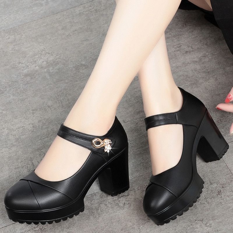 Size 35-41 Womens Fashion School Student Black Leather Shoes Thick Heel ...