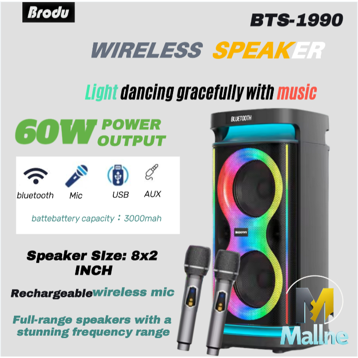 Brodu BTS-1990 KARAOKE BOX professional system Bluetooth speaker with 2 ...