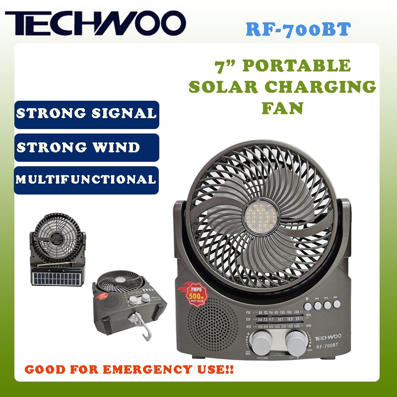 TECHWOO RF-700BT 7 INCH PORTABLE FAN WITH BT/AM/FM/LED LIGHT/SOLAR ...