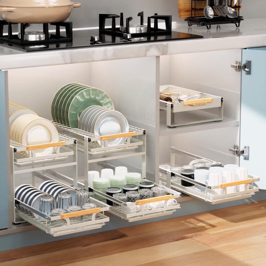 2 Tiers Kitchen Cabinet Organizer Pullout Plate Organizer Dish Drainer ...