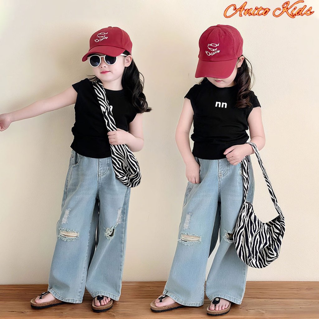 Anito Kids Girls Jeans Cute Ripped Design Fashionable Wide Leg Jeans ...