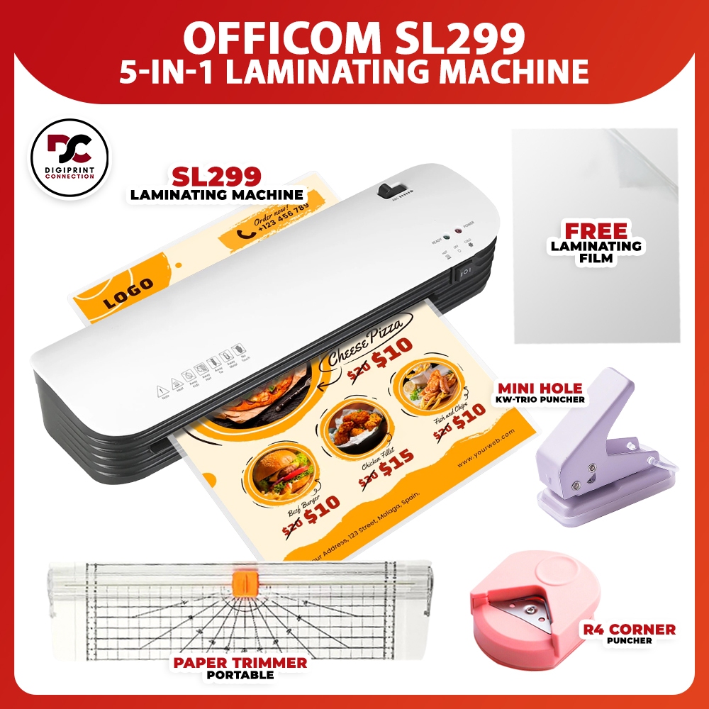OFFICOM 5in1 Laminator SL299 HOT/COLD A4 Laminating Machine w Puncher & Trimmer FREE LAMINATING ...