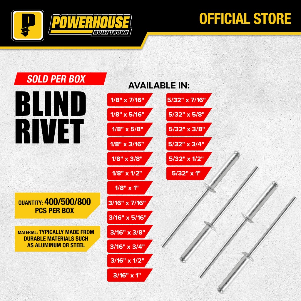 PowerHouse 1/8–3/16" Blind Rivets 400–800PCS/Per Box For Metal, Wood ...