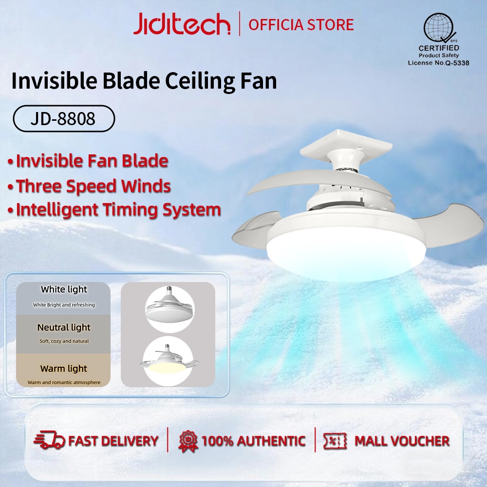 Jiditech E27 Ceiling Light Fan Invisible Blade Fan 3 Blades Ceiling Fan ...