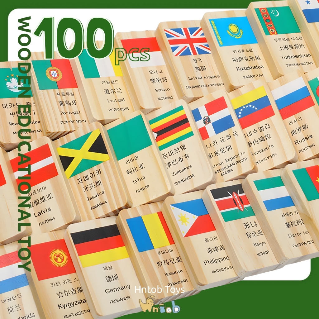 Hntob Wooden 100pcs Multilingual National Flag Domino Understanding ...