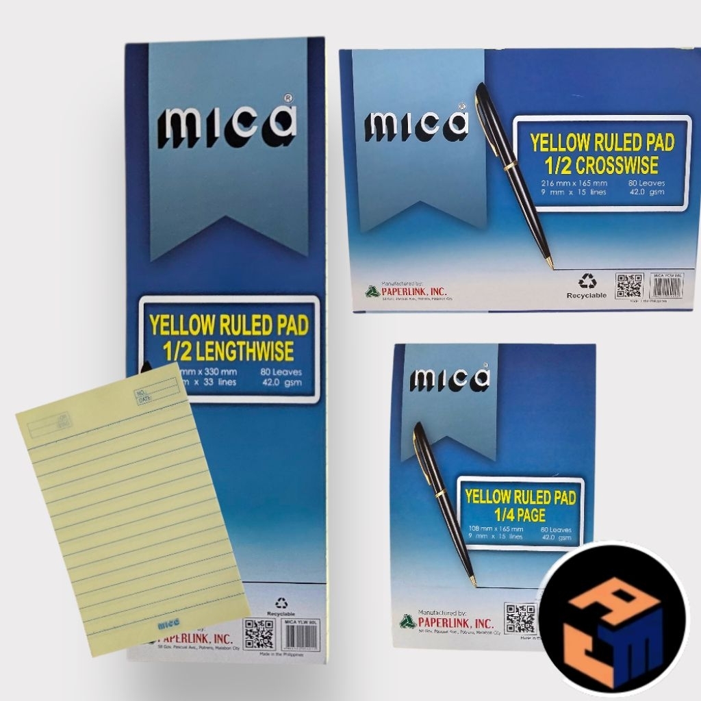 Mica YELLOW RULED PAD -Lengtwise, Crosswise and 1/4 Set of 3 Pieces ...