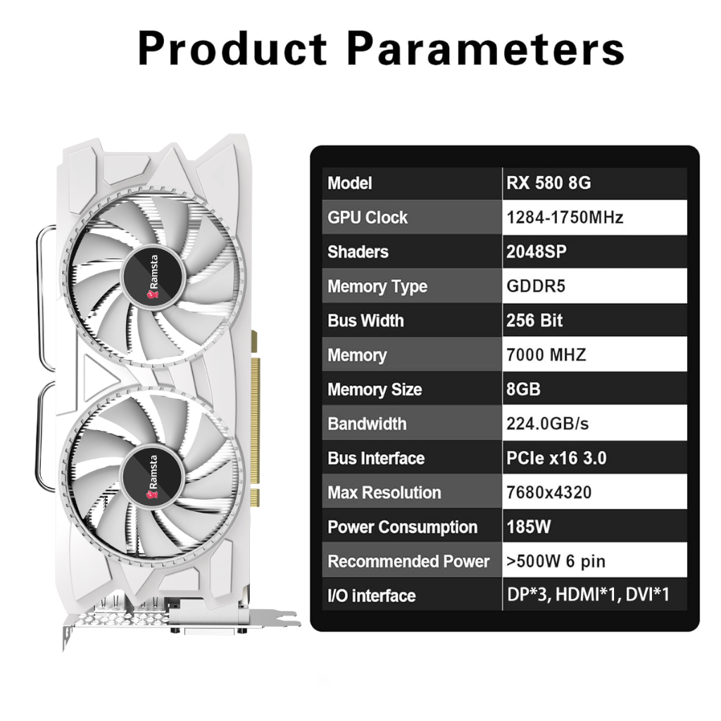 RAMSTA AMD RX580 8GB Graphics Card GDDR5 256Bit Computer GPU Video Card ...