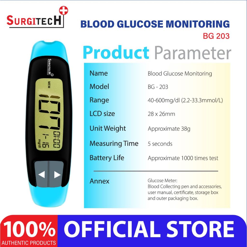 Surgitech Blood Glucose Meter Glucometer Monitoring System BG-203 with ...