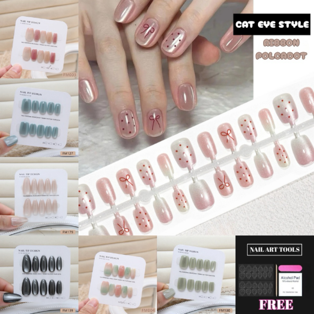 【Handmade】10 Pcs Cat Eyes Fake Nails with Jelly Sticker Shining Cat Eye ...