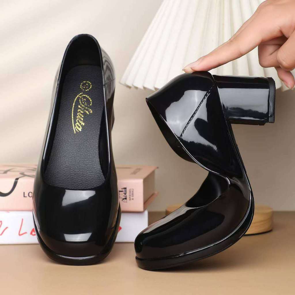 【Tong】Stunningly Gorgeous! Black Patent Leather Block - Heel Work Shoes ...