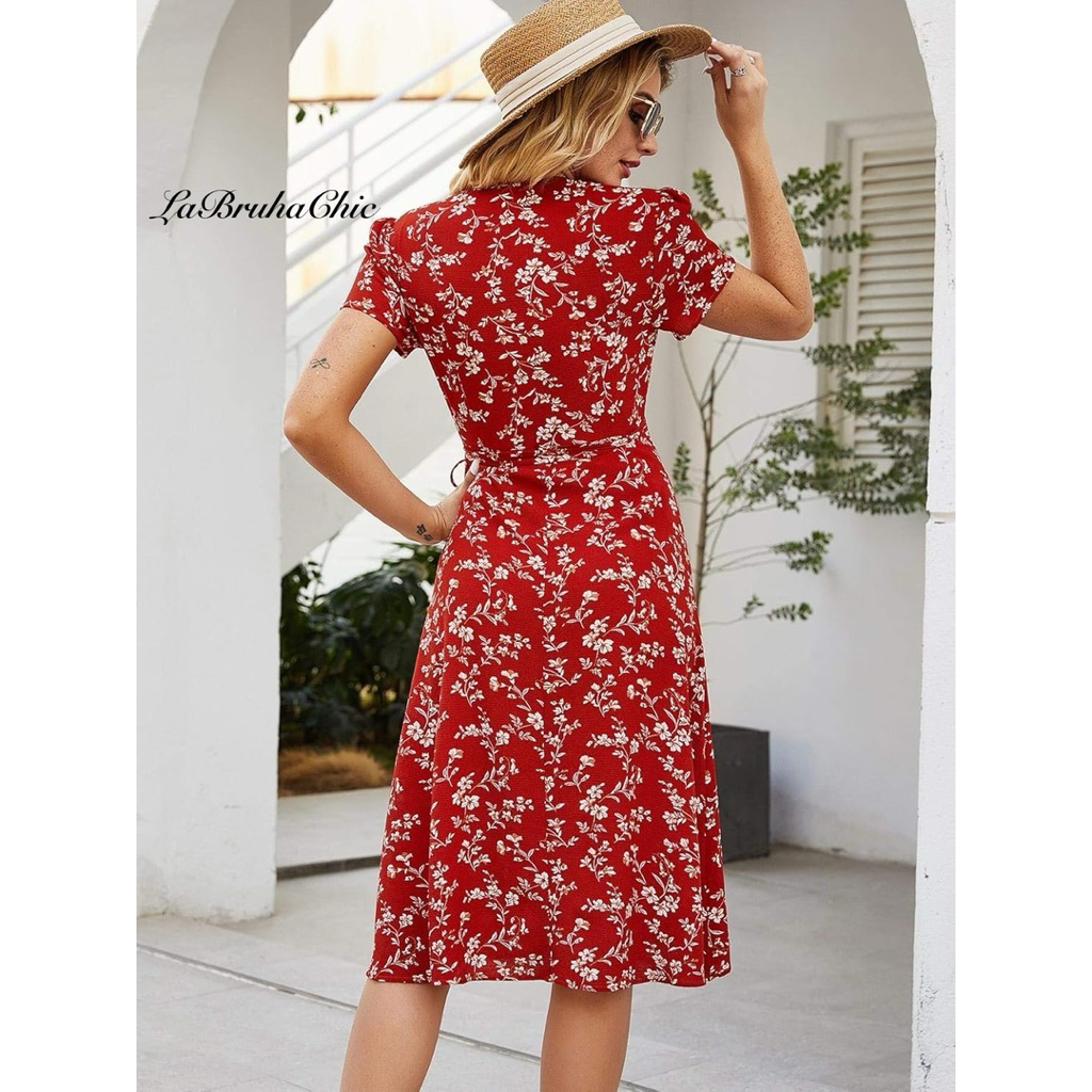 Bohol Floral Print wrap Belted A Line Midi dress. (Color Red-S ...