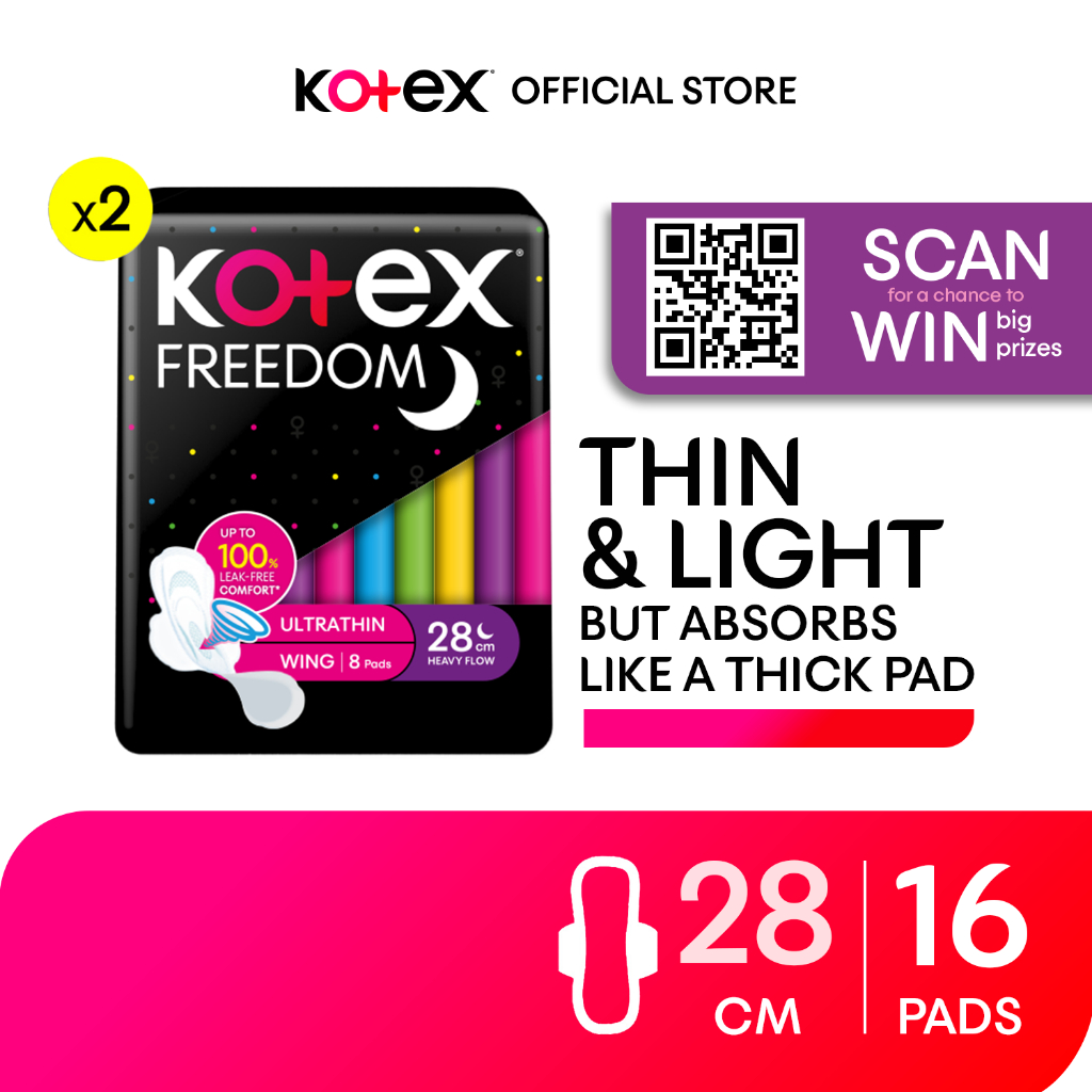Kotex Freedom Ultrathin Sanitary Napkins 28cm - 8 Pads x 2 Packs (16 Pads) | Shopee Philippines