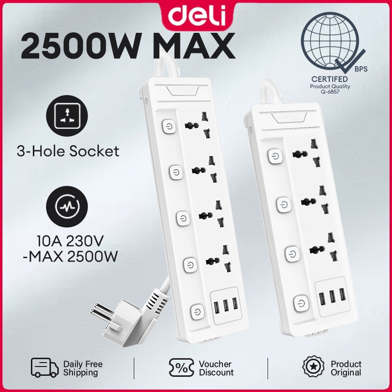 Deli 2m Multi Function Universal Hole Extension Cord Socket With Power Socket 3 Usb Ports
