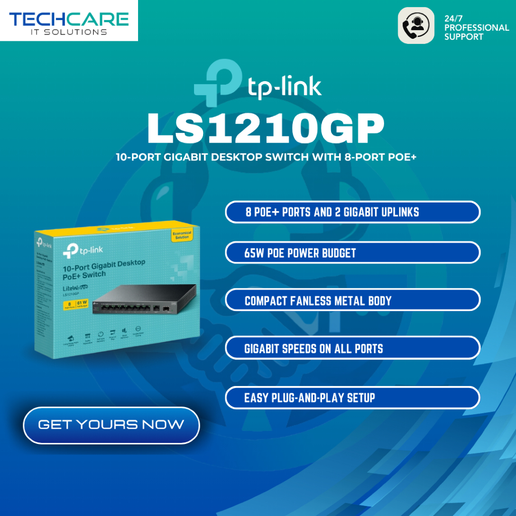 TP-Link LS1210GP 10-Port PoE+ Gigabit Switch | 8 PoE+ + 2 Uplink, 65W ...