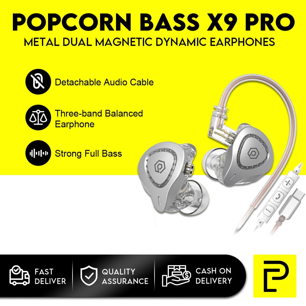 Popcorn Bass X9 Pro Metal In Ear Dynamic Earphone HIFI DJ with Mic ...