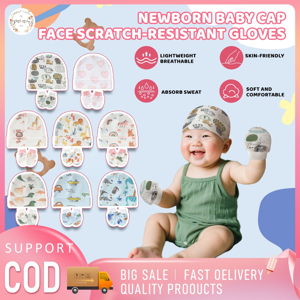 CiCi Baby Newborn 100% Cotton 2pcs/Set Hand Glove Hats Anti-Scratch ...