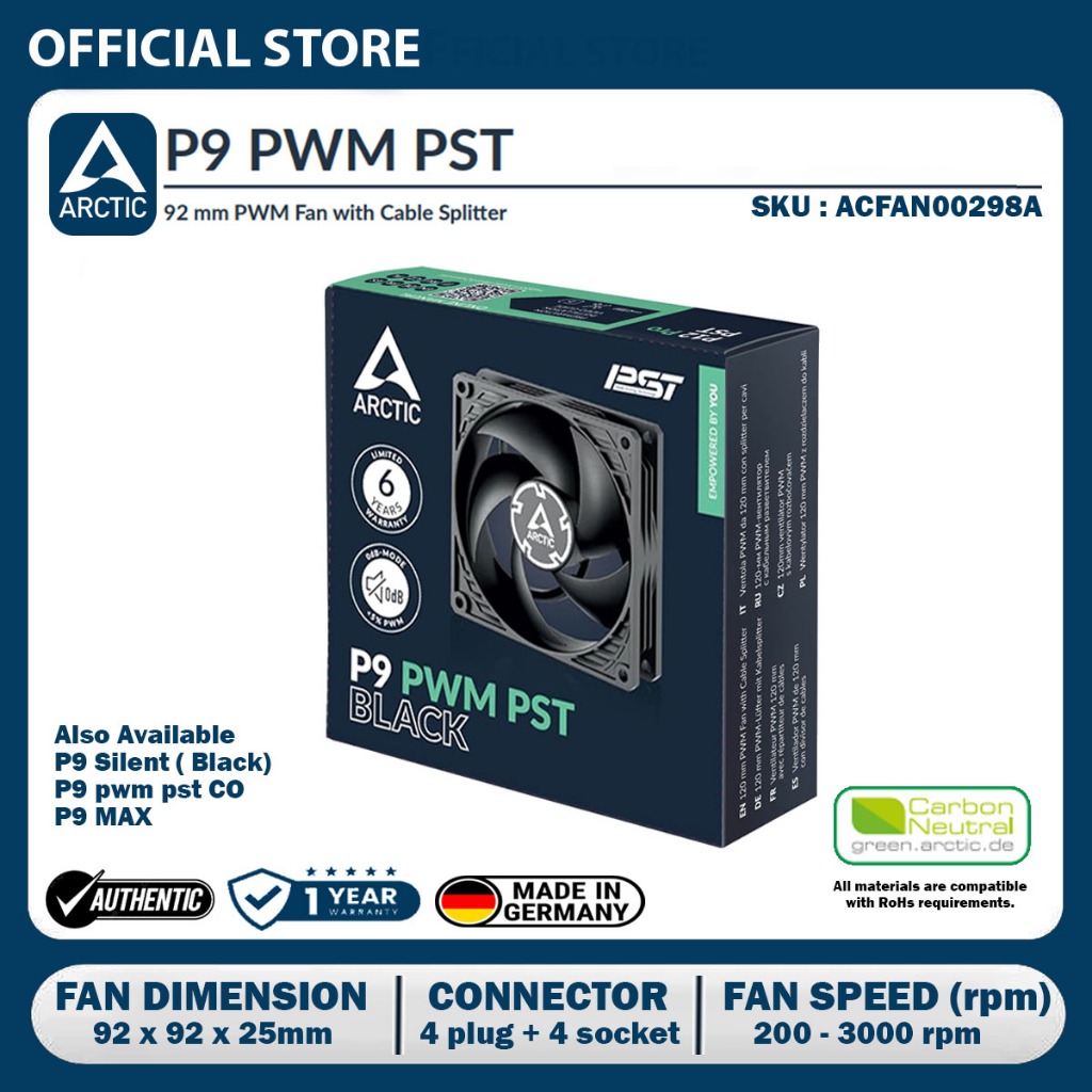 ARCTIC P9 PWM PST - PC Fan, 92 mm PWM case Fan with Cable Splitter ...