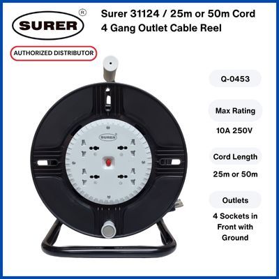 Surer 31124 Cable Cord Reel 4 Gang Shuttered Outlet Overheat Protection ...