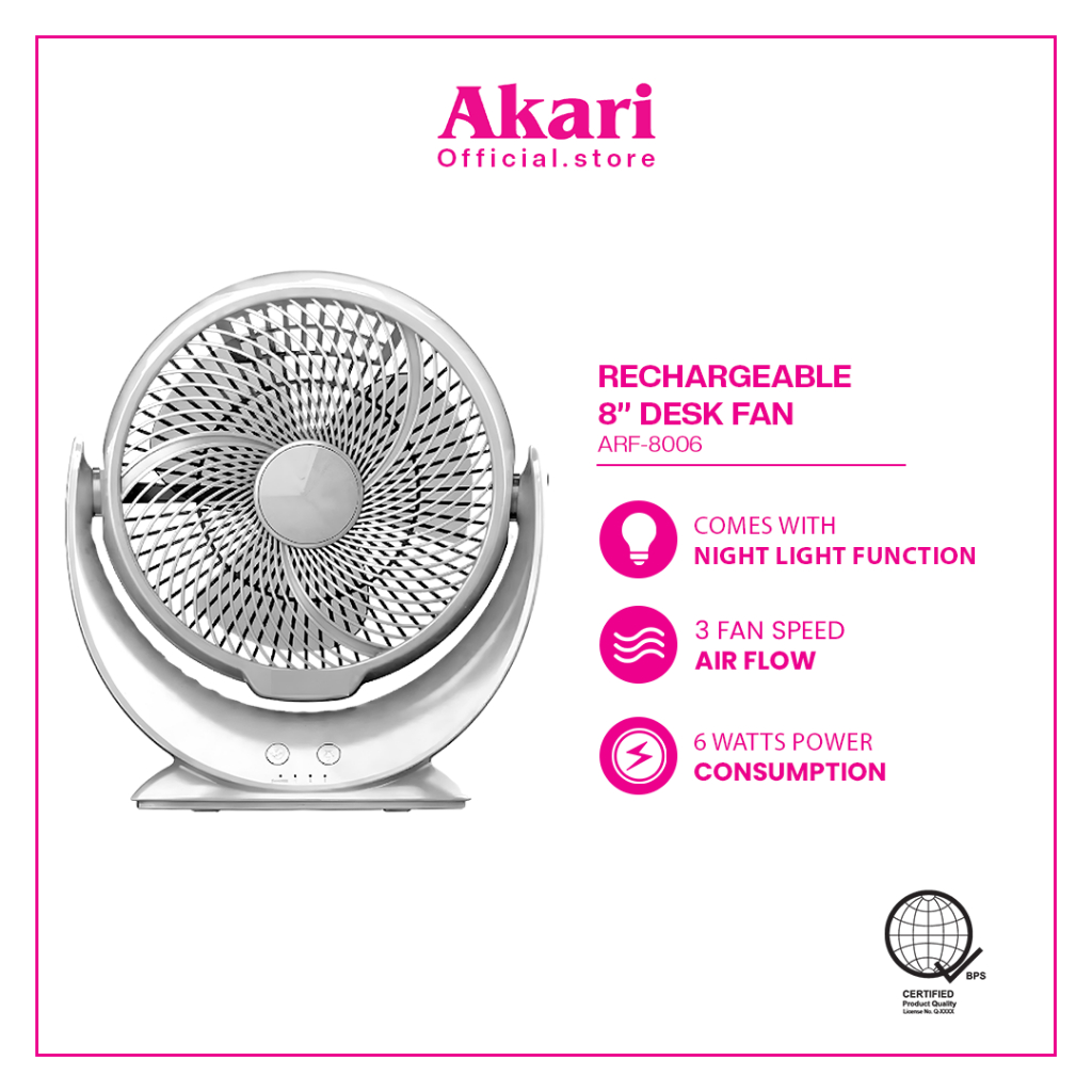 Akari 8" Rechargeable Desk fan with Emergency light function (ARF-8006 ...