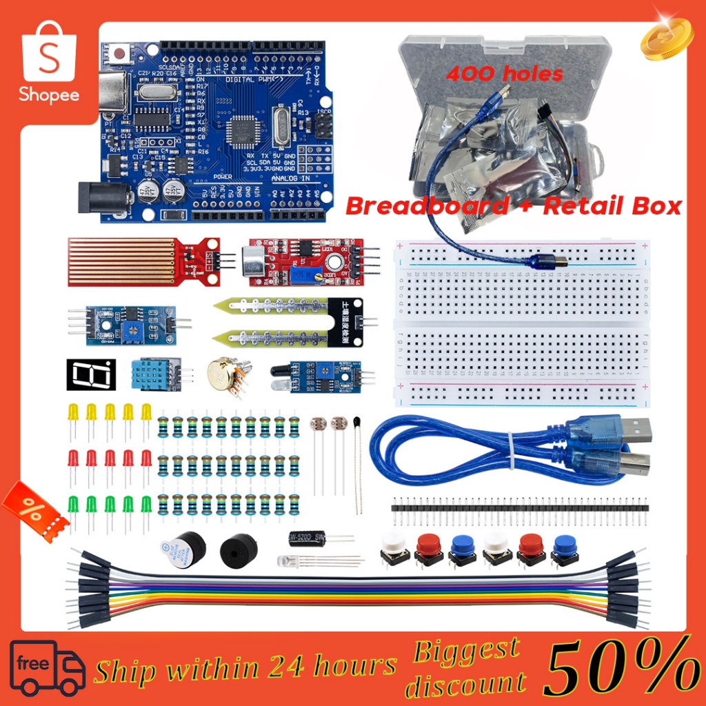 Basic Starter Kit for Arduino Uno Set R3 DIY Kit - R3 Board / Breadboard + Retail Box | Shopee ...