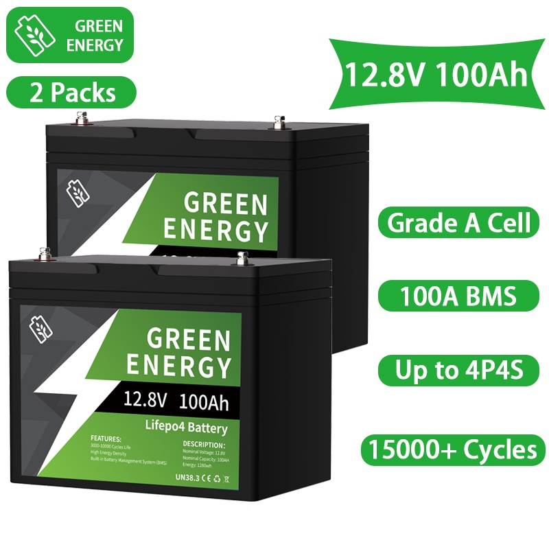 [2Packs] 12V 100Ah LiFePO4 Lithium Battery 24V 200Ah Solar Battery with ...